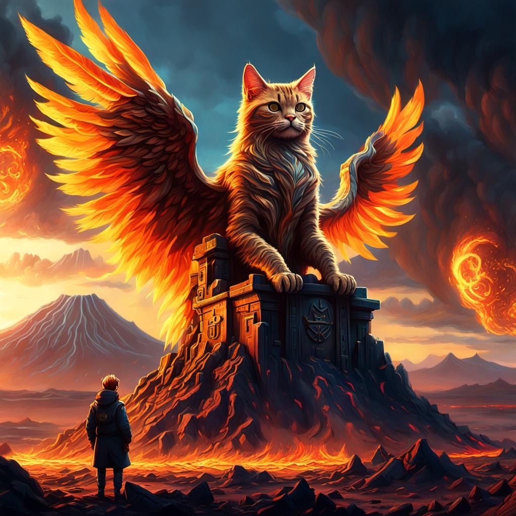 a feline with fiery feathers, curled on a throne of molten gold amidst ...