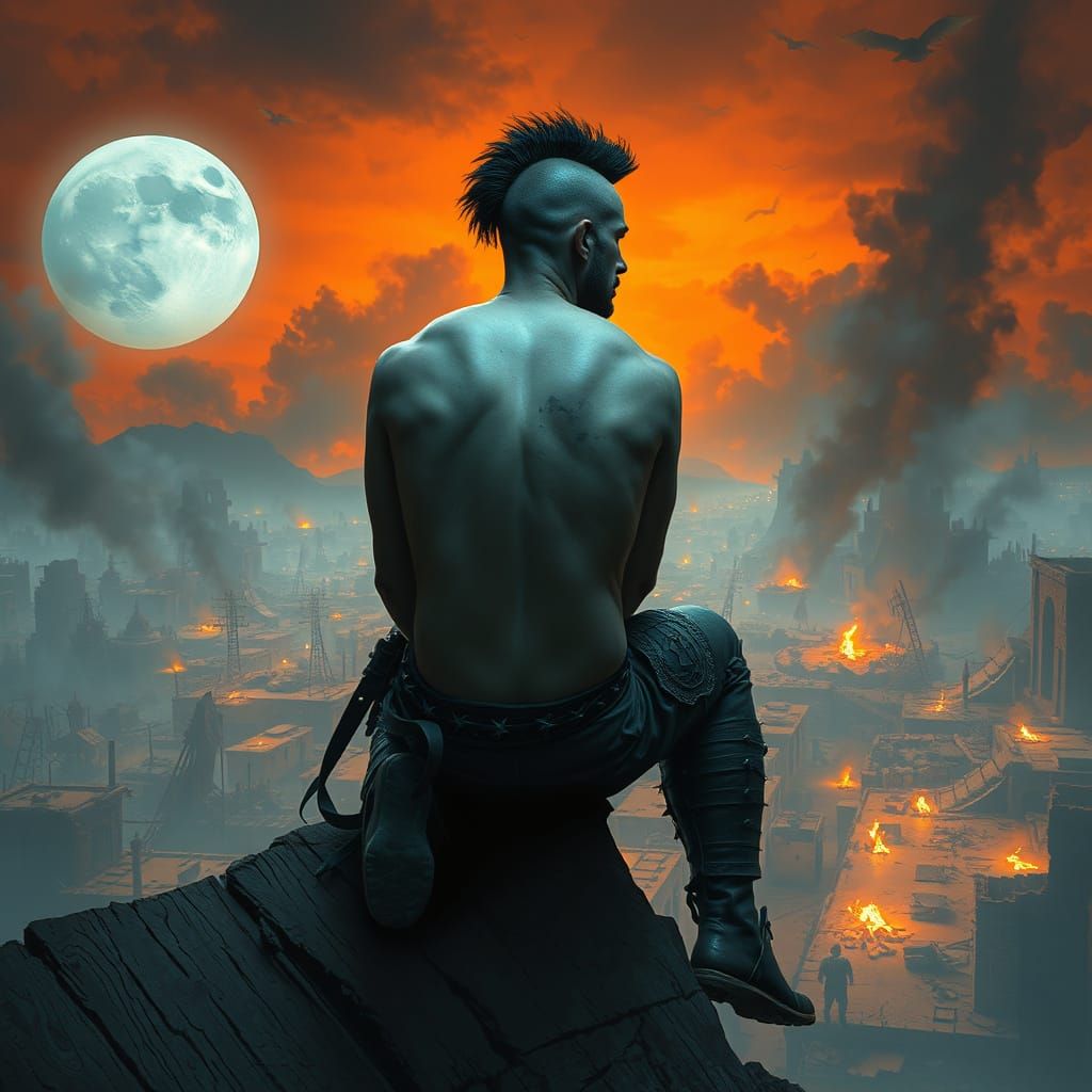 Moonlight Fire - Cyberpunk Warrior Contemplates Dystopian Ru...