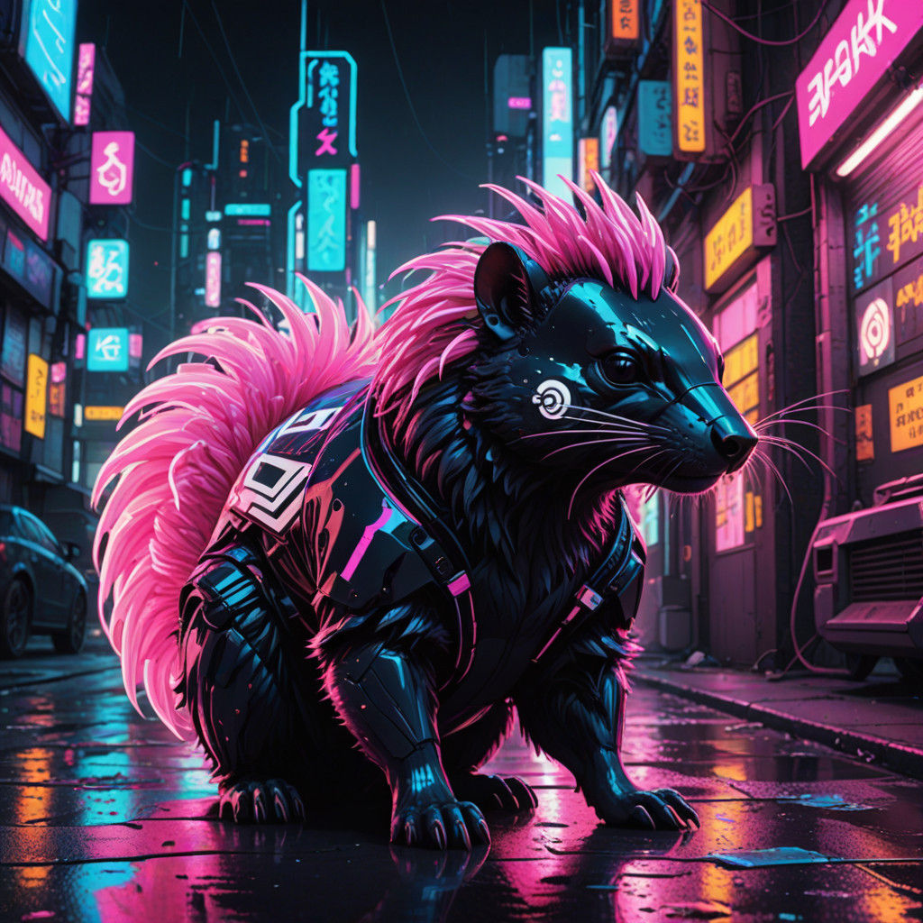 Cyberskunk - Cyberpunk Skunk in Neon Alleyway