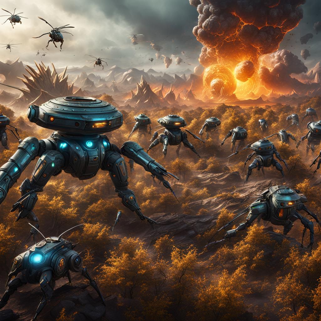 army of insectoid artificial intelligence robots fighting in a nuclear war - AI Generated ...