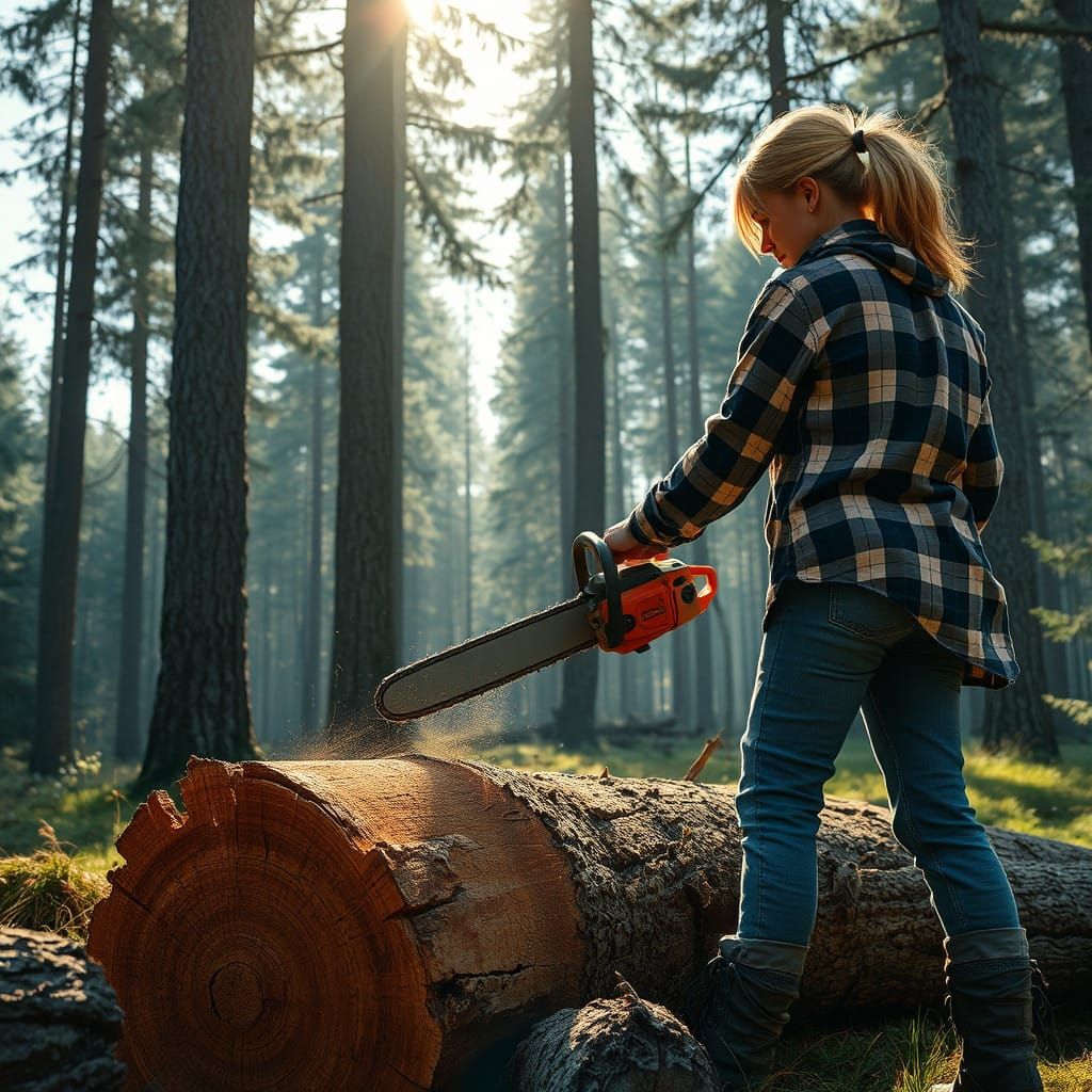 Woman Logger Fells Majestic Pine in Vibrant Landsc... - AI Art