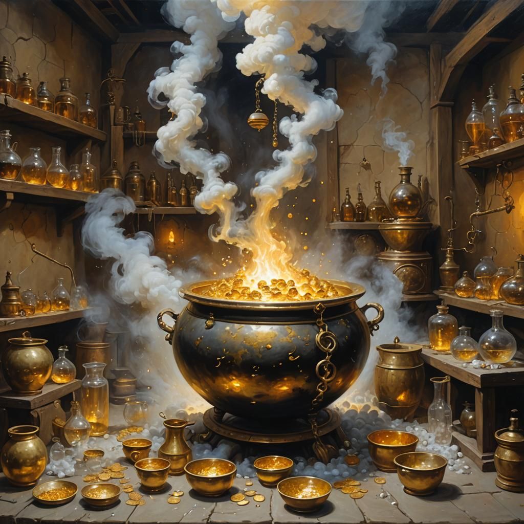 Cauldron full of bubbling molten gold with white smoke in an alchemy ...