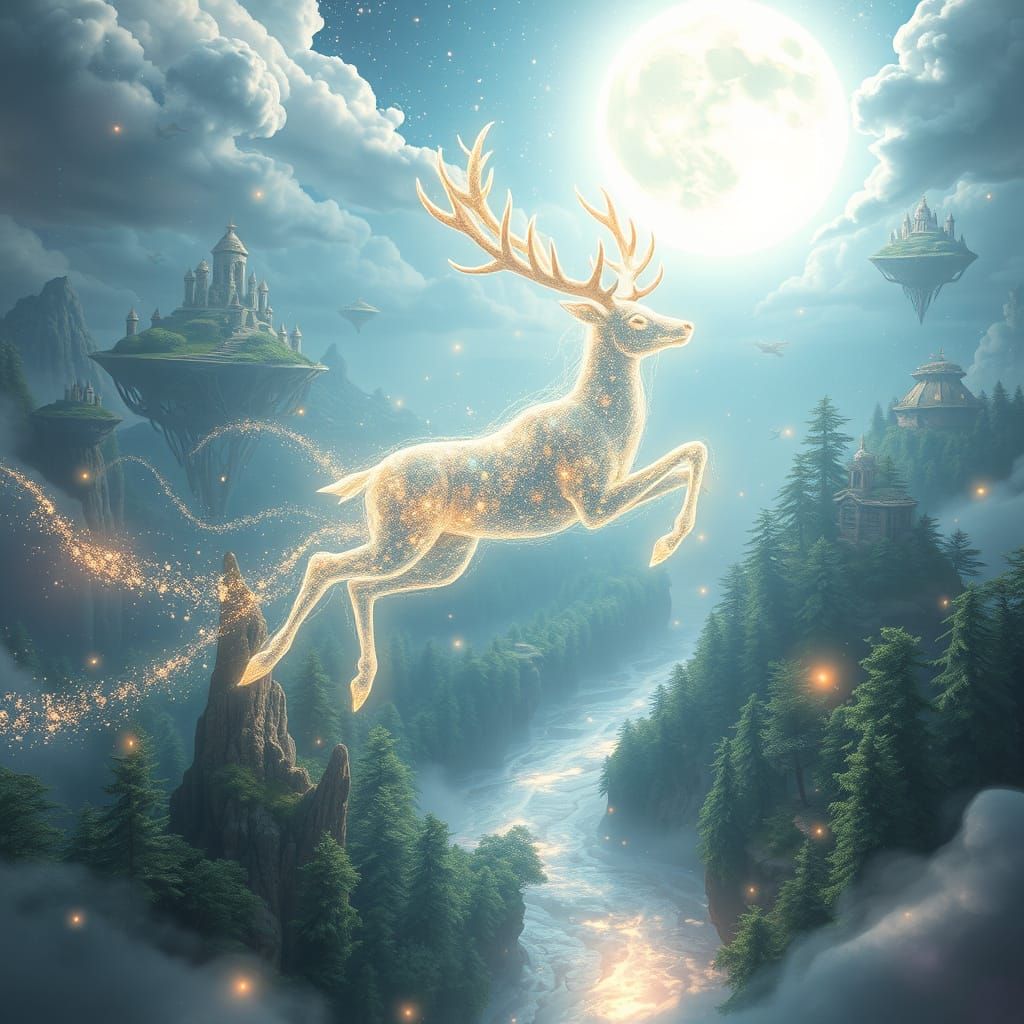 a spectral deer made of stardust and moonlight glides through a ...