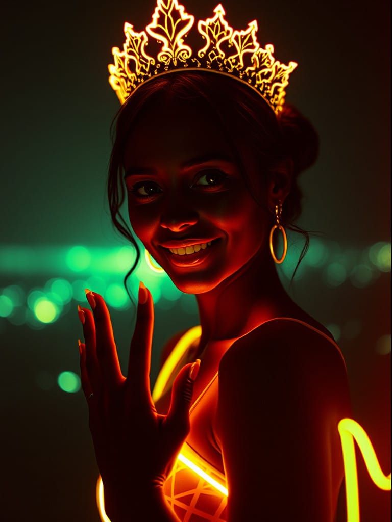 A neon princess in a dark black landscape. She is completly black also ...
