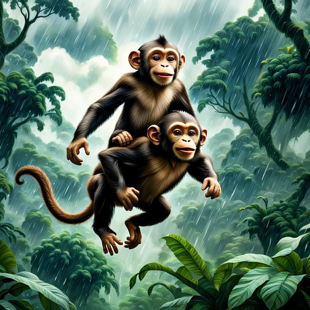 an adorable happy capuchin monkey riding a cloud above a dense rain ...