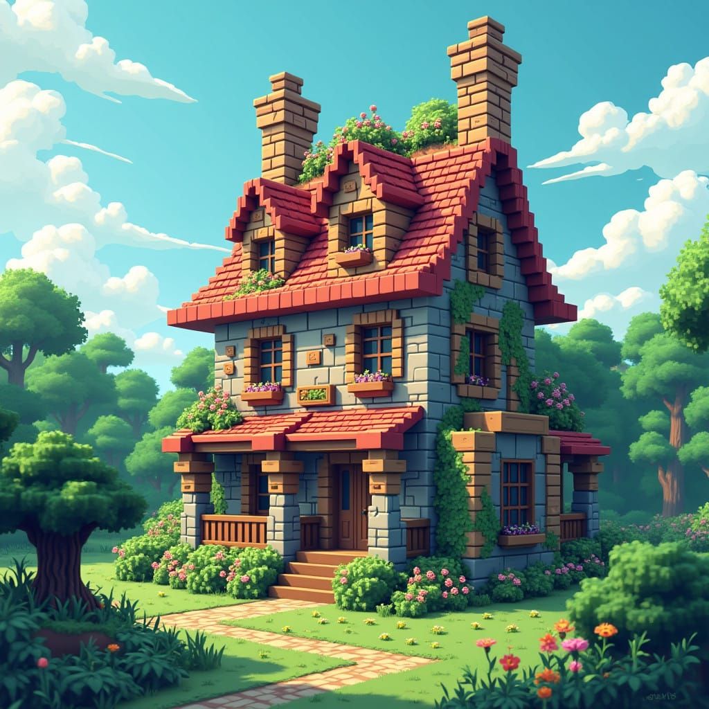 Minecraft Haus - Vibrant Blocky House in a Lush Minecraft W...