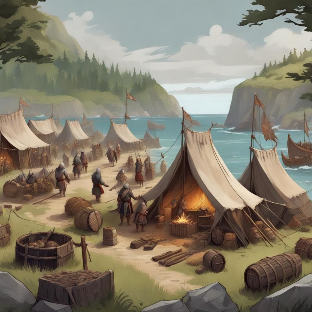 Viking raiding camp, secluded coastal harbor, animal-hide tents with ...
