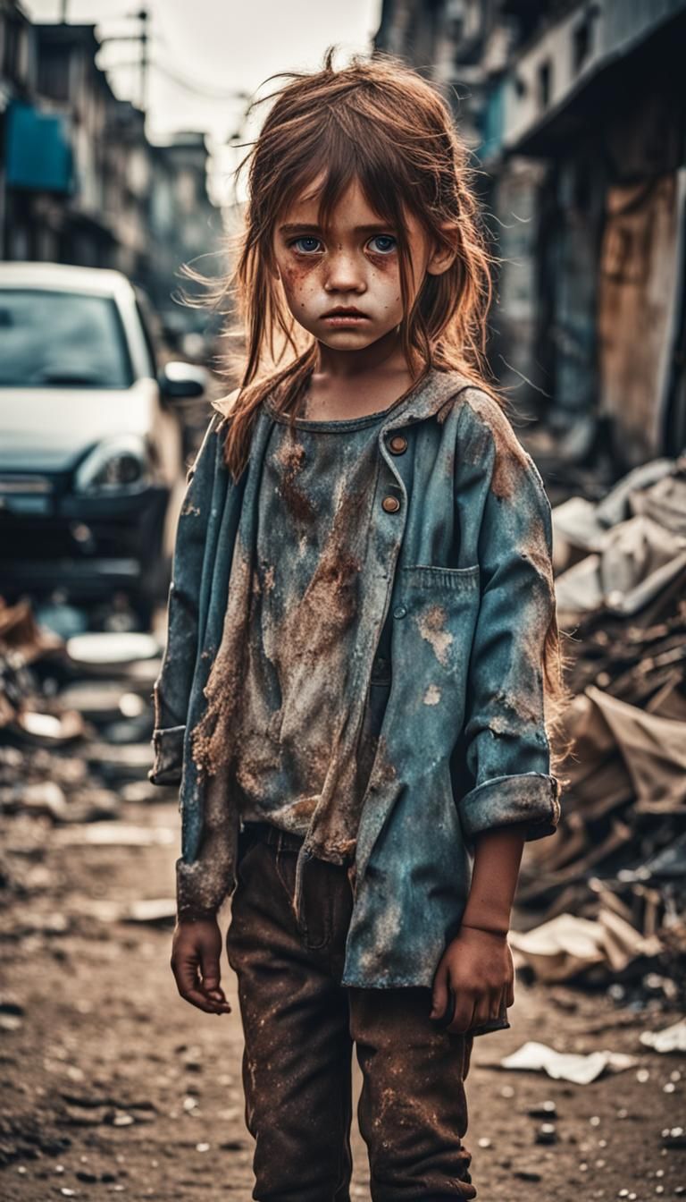 A very beautiful girl, but sad, torn clothes, very hungry, poor girl ...
