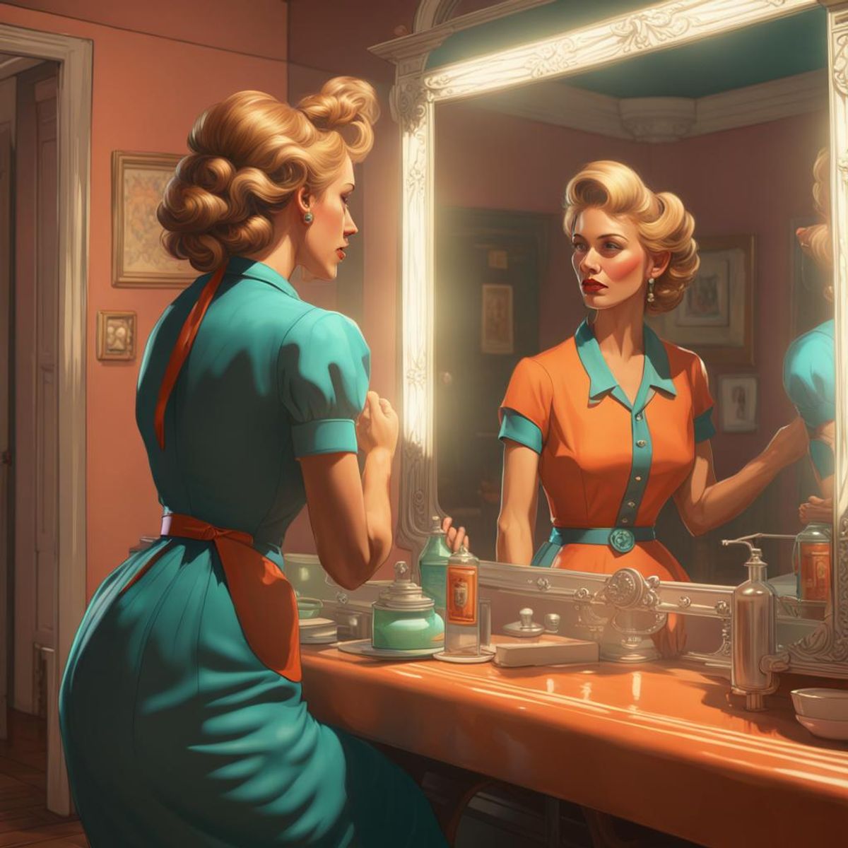 A 21st-century Working woman looking into her reflection seeing a 1950 ...