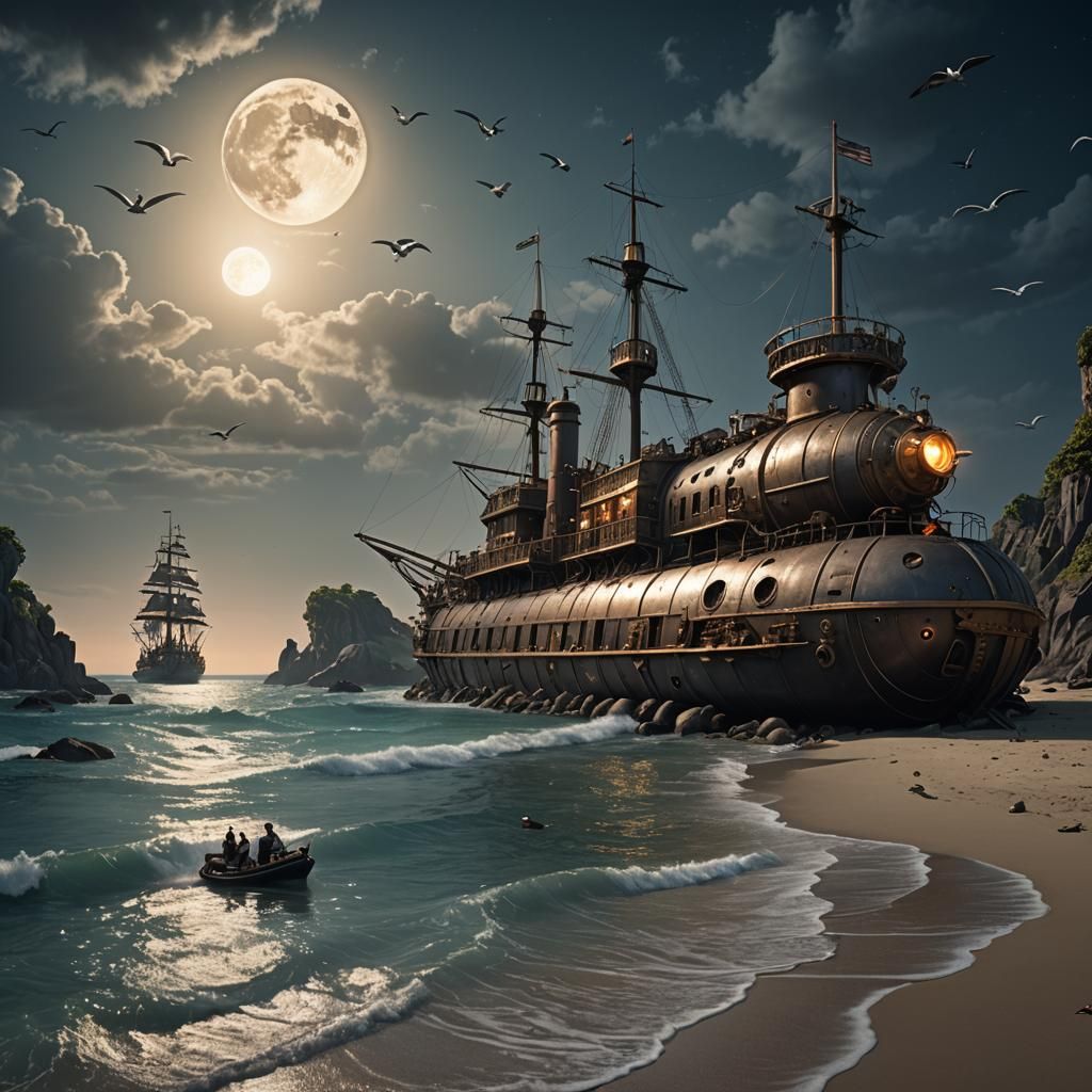 Steampunk boat is stranded on an unknown Island - AI Generated Artwork ...