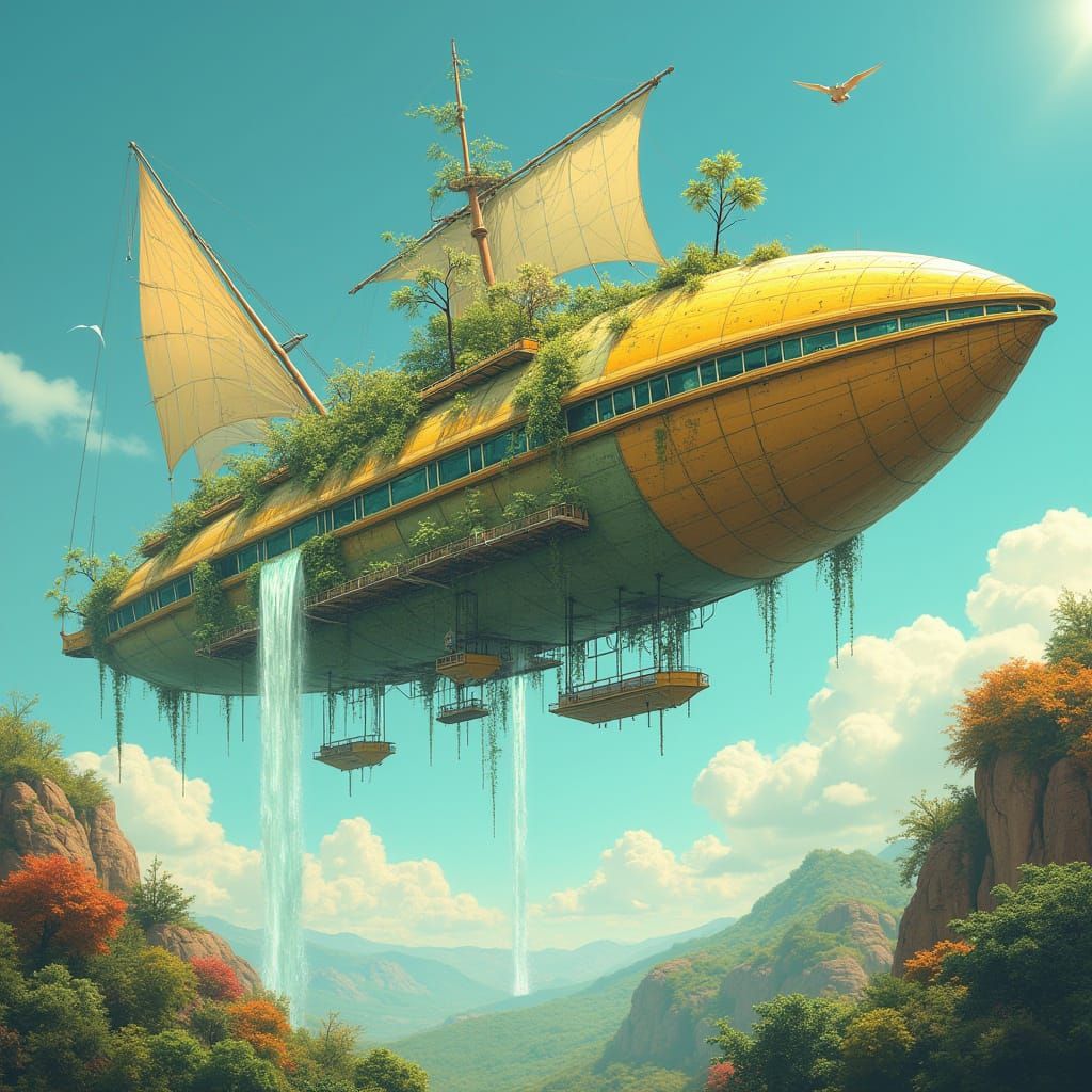 Solarpunk Airship soars through a Clear Blue Sky w... - AI Art