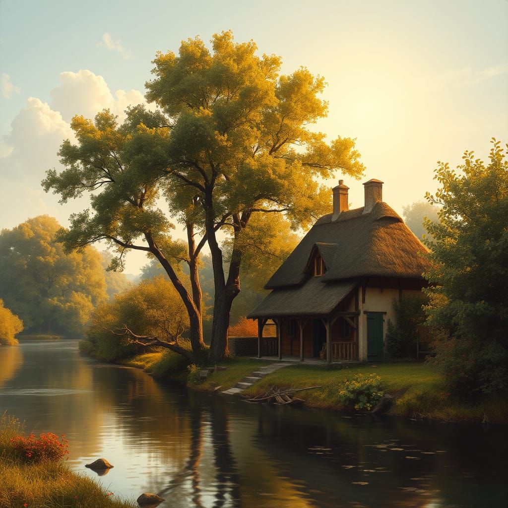 Rustic Riverside Hut in Idyllic Renaissance Landsc... - AI Art