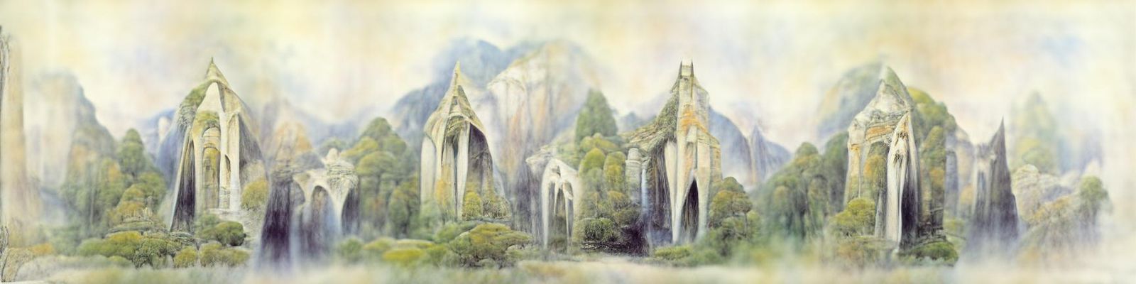 Rivendell by Alan Lee [wide version, which causes the AI to repeat and ...
