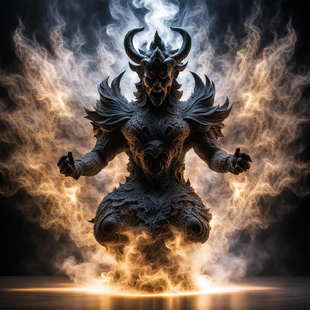 Explosion of male demon statue (perfect conformation) of vortex mirror ...