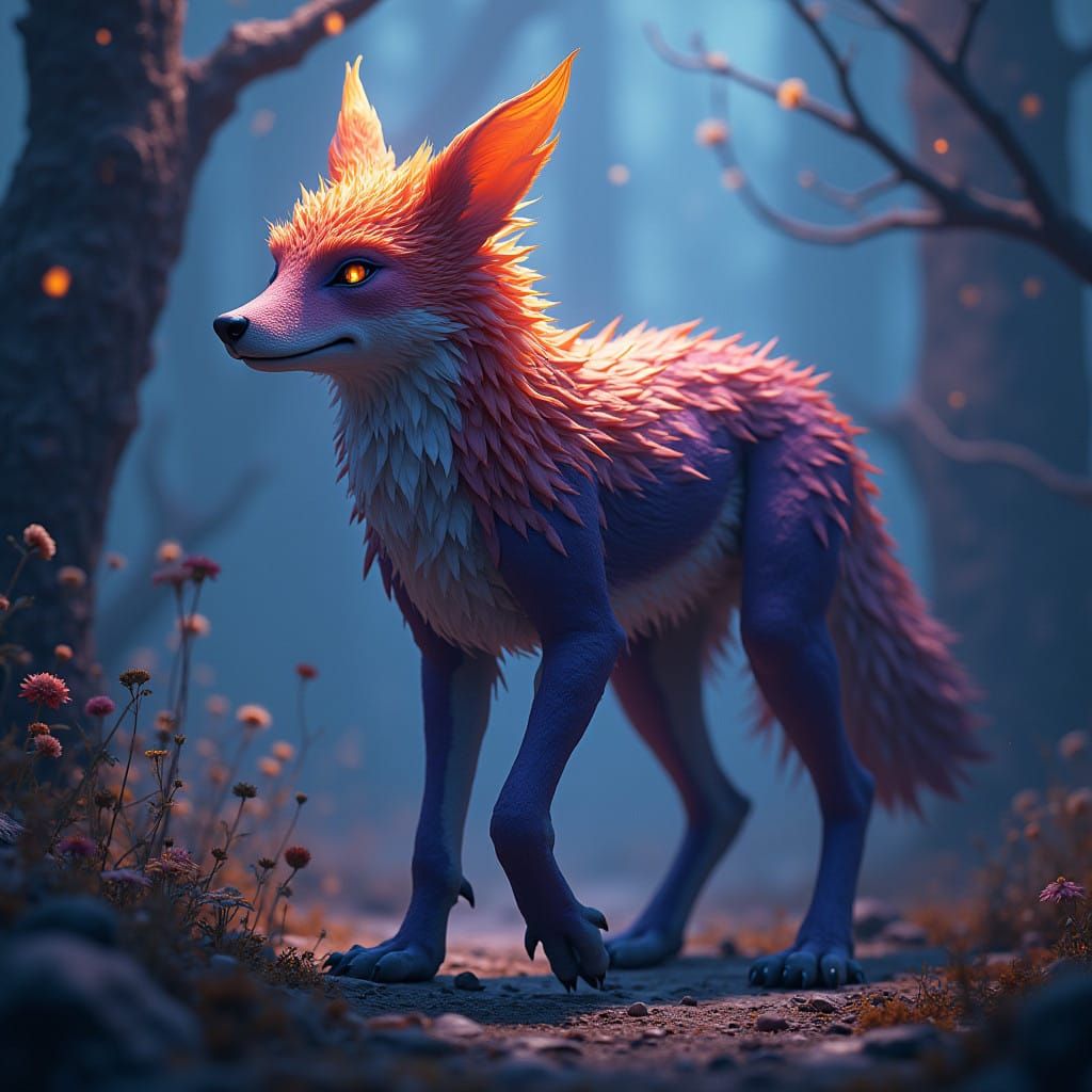 Mystical Lupine Avian Creature in a Vibrant Ancien... - AI Art