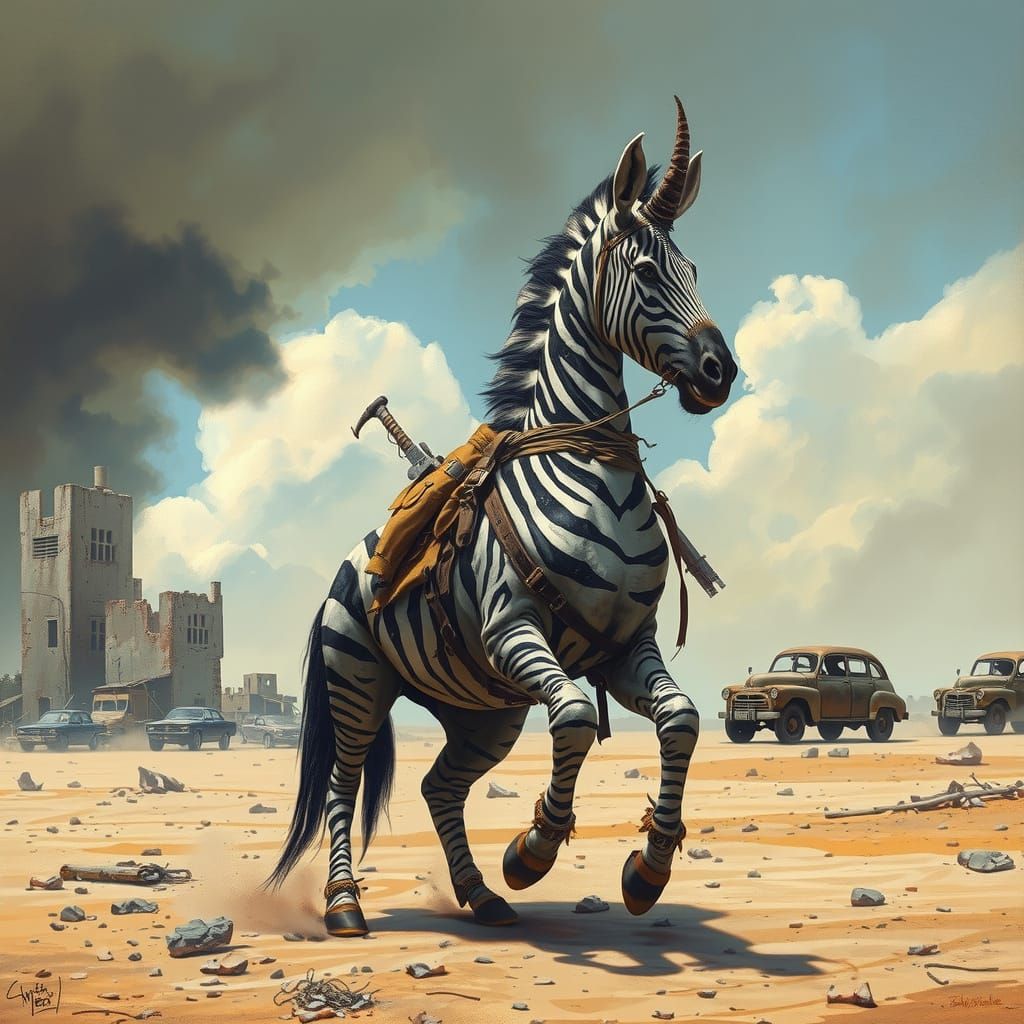 Hyperrealistic Post-Apocalyptic Zebra Centaur in a... - AI Art
