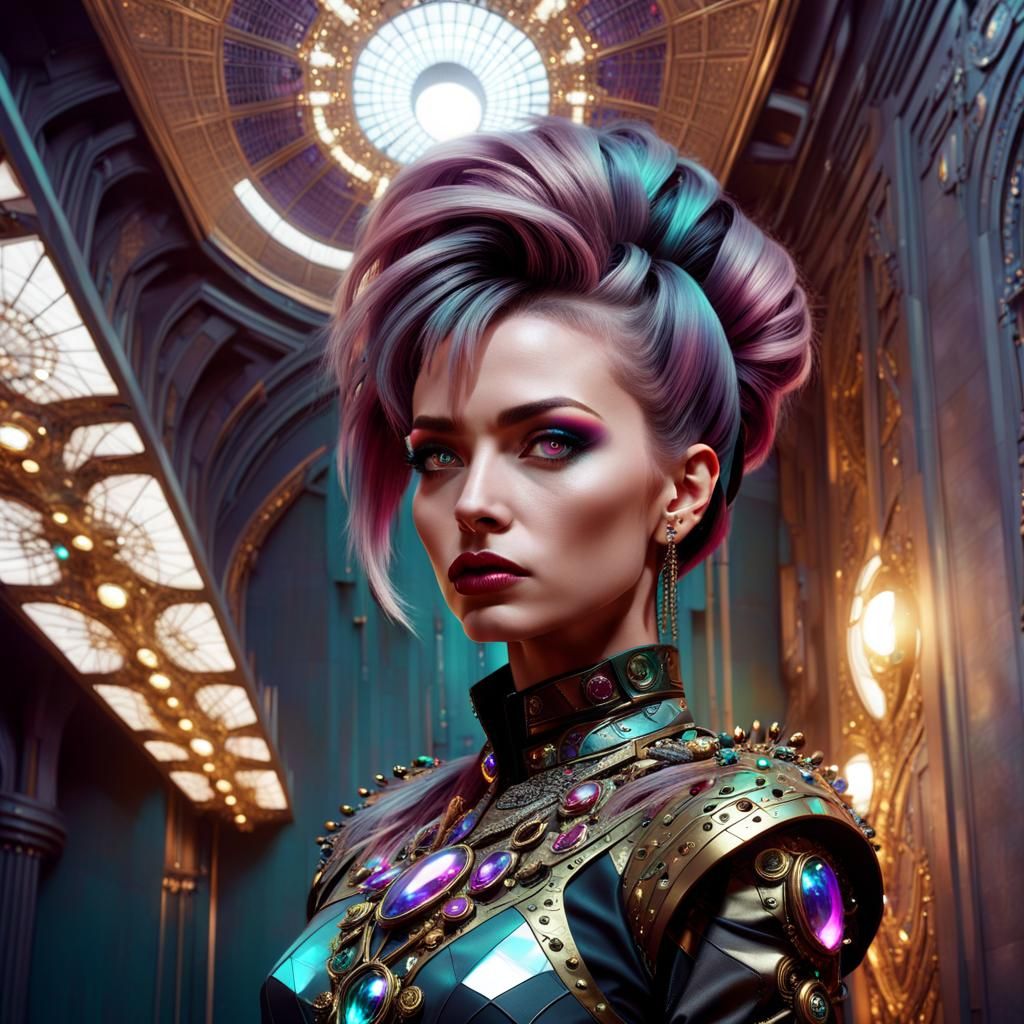 Ethereal Cyborg Goddess Embracing Futuristic Night... - AI Art