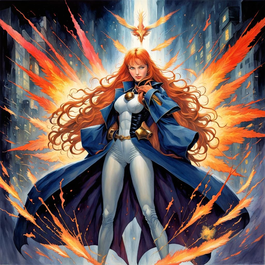 1990s X-Men's Jean Gray, using extreme power Psionic attack, a fire ...