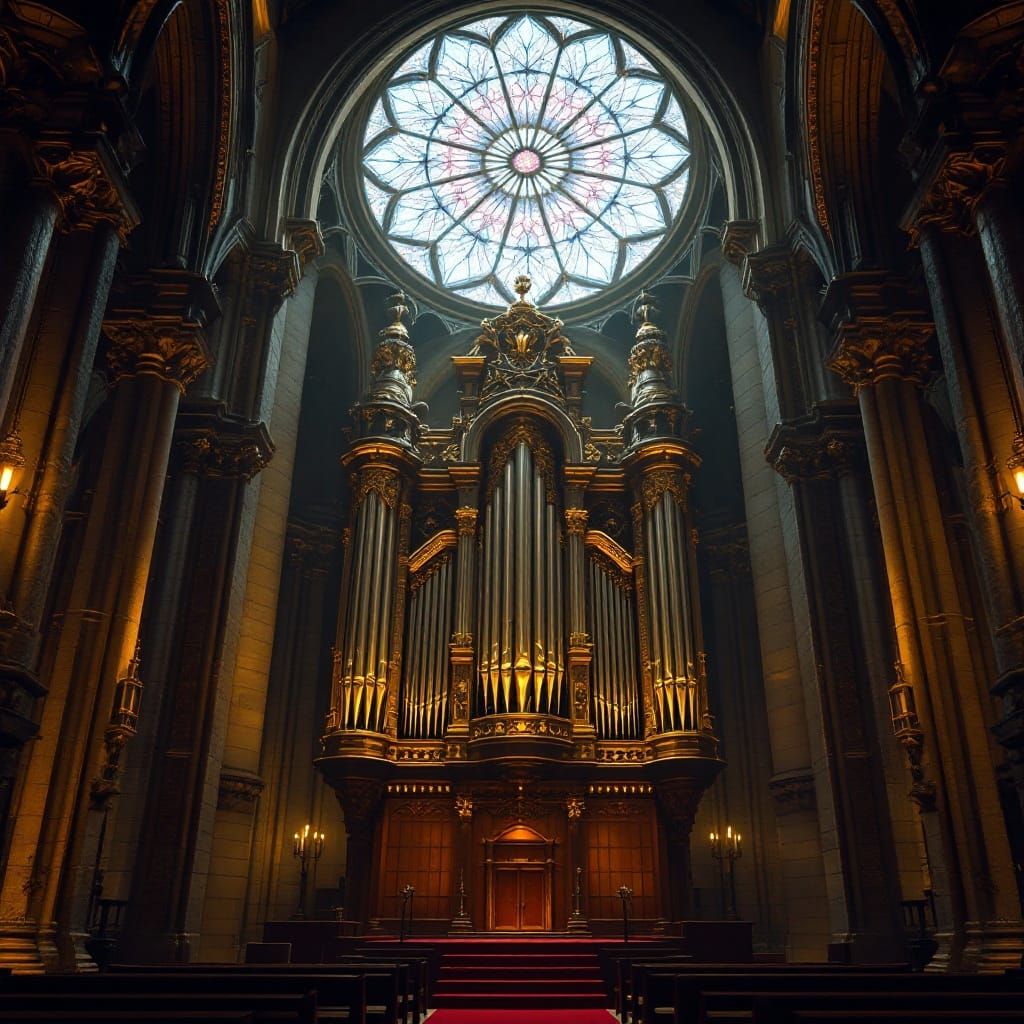 great organs on the wall in a gothic cathedral, with a giant stained ...
