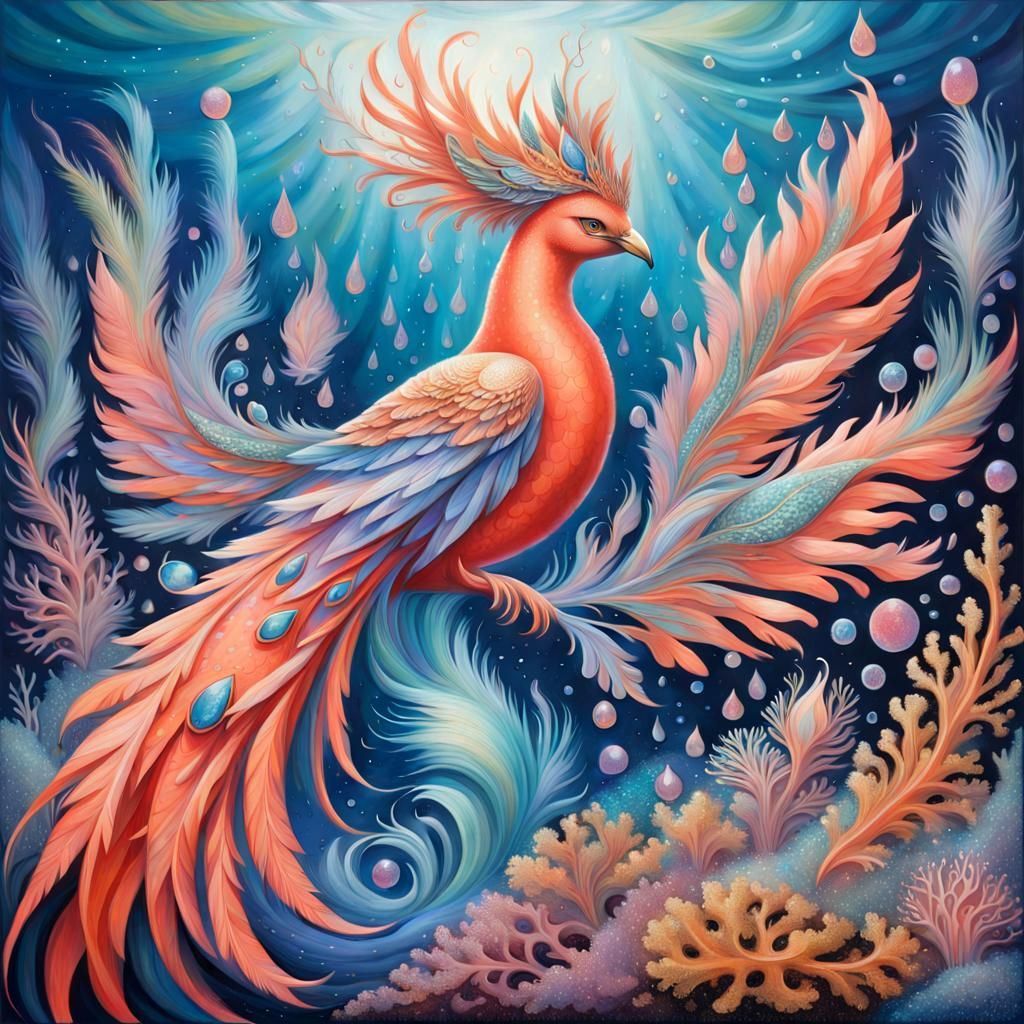 Coral phoenix, rising from a submerged city's ruins; its iridescent ...