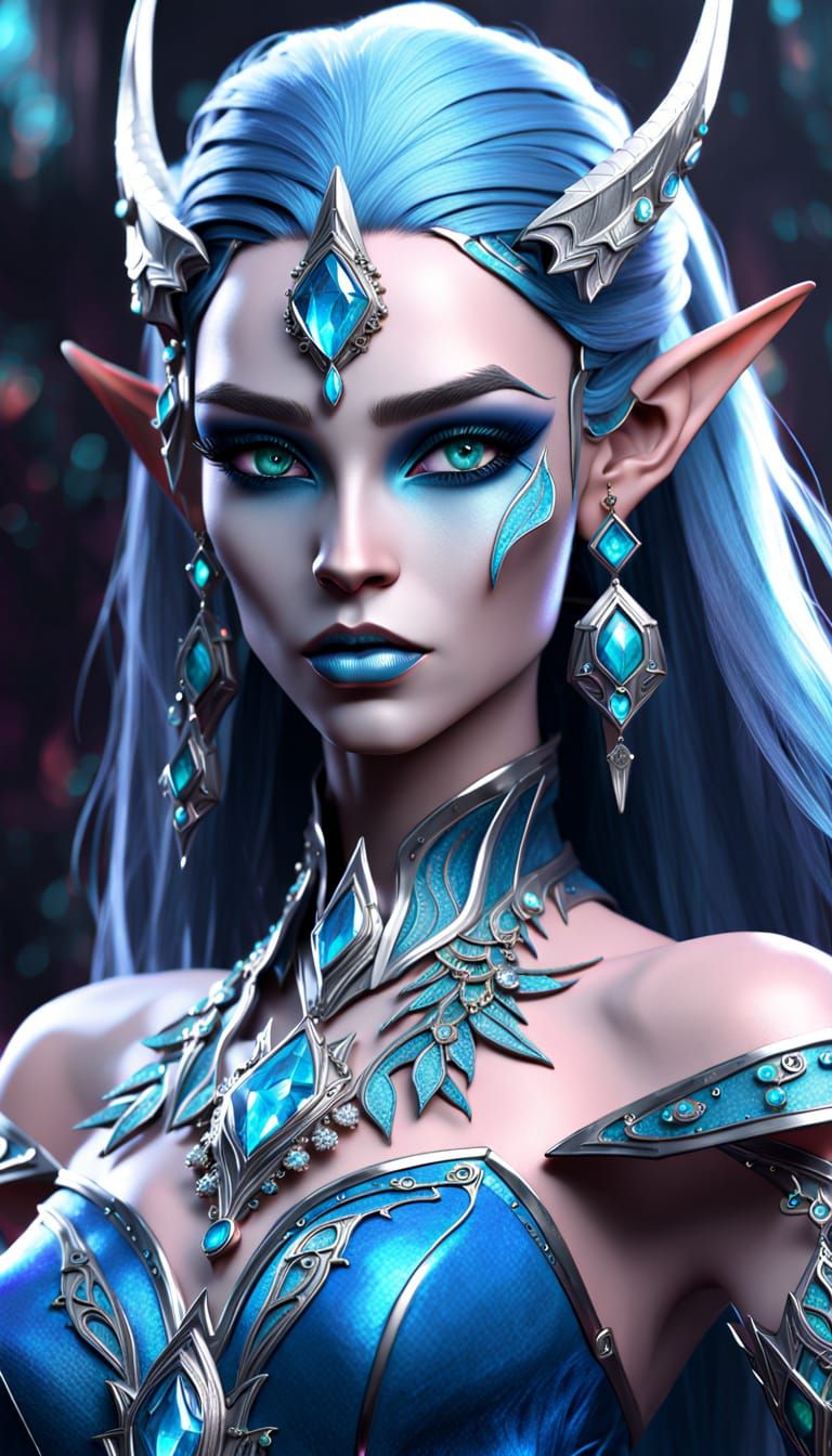 Ethereal Frost Elf Goddess in Cyberpunk Fantasy St... - AI Art