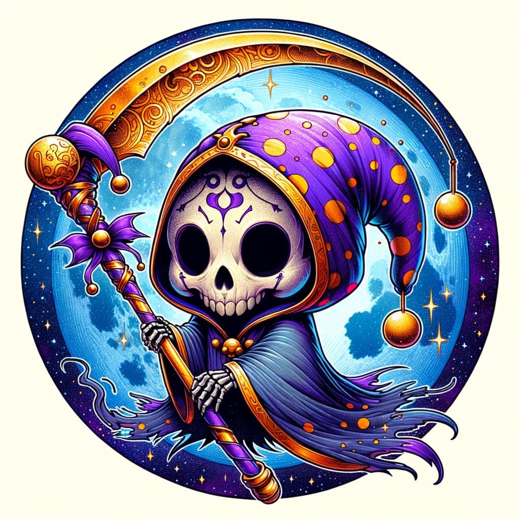 Vibrant Chibi Reaper Under Blue Moon with Jester S... - AI Art
