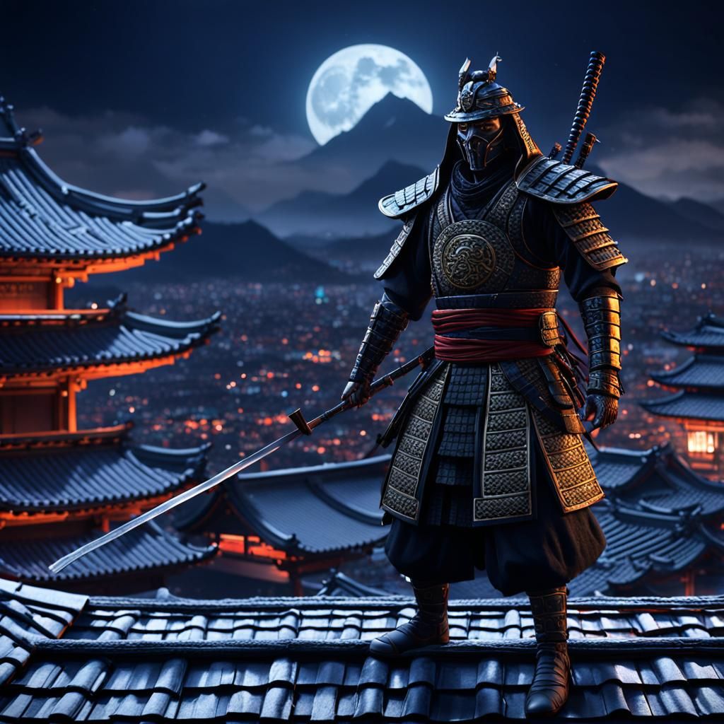 samurai on the roof at night - AI Generated Artwork - NightCafe Creator