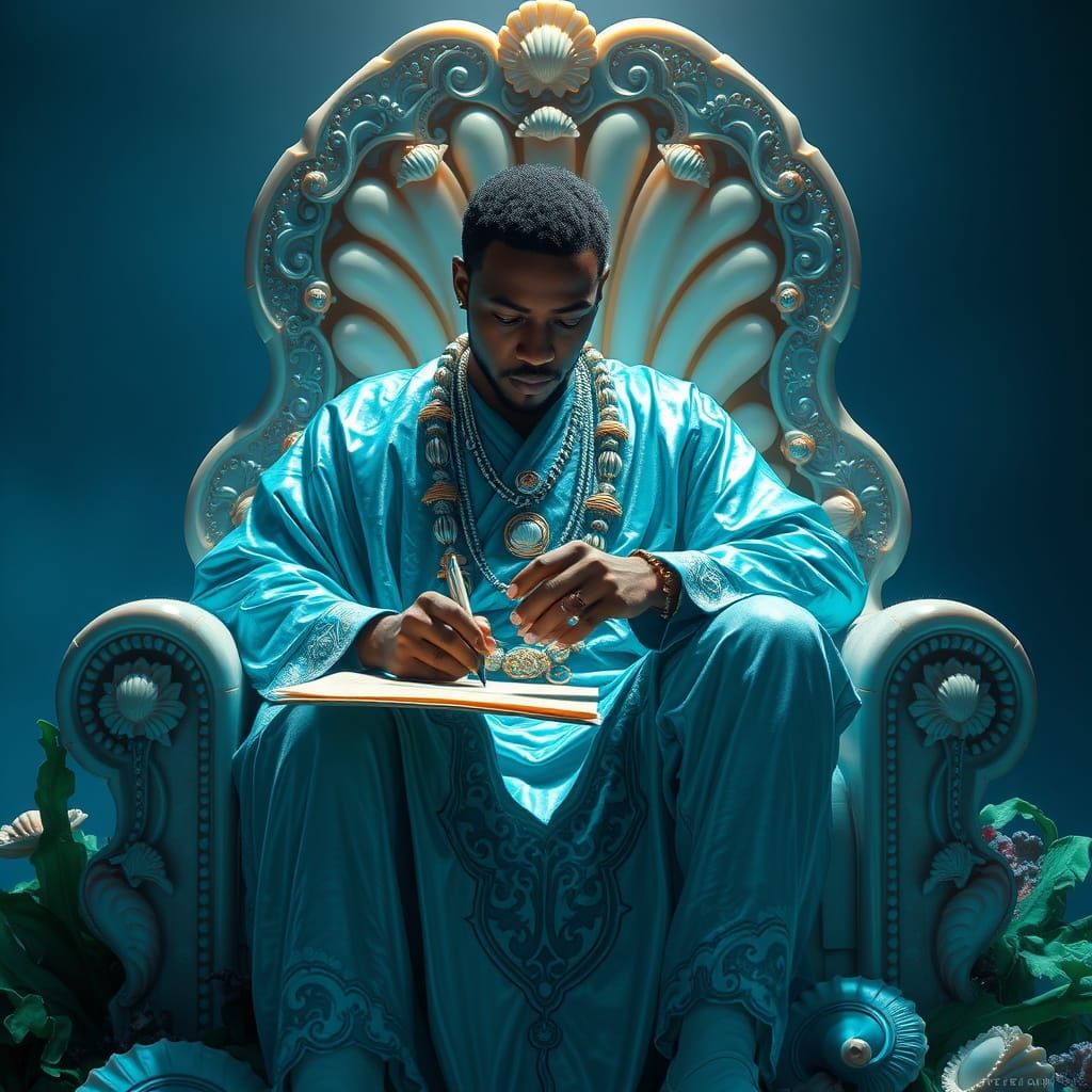 Sea God Kendrick Lamar Pens Lyrics in Dark Fantasy... - AI Art