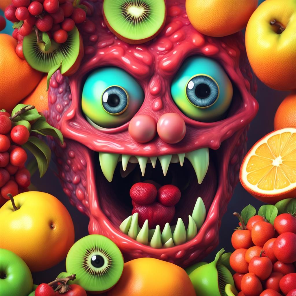 fruit monster zombie biting into fruits. sharp teeth, large eyes ...