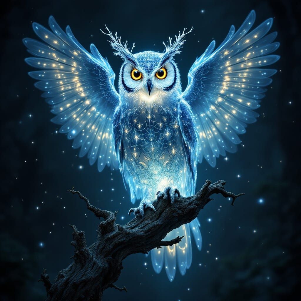 Mystical Owl - Surreal Owl Adorned with Iridescent Light ami...