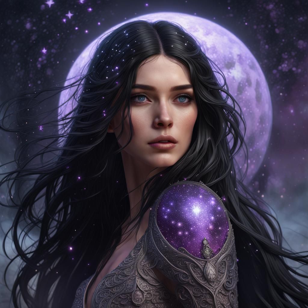 A extremely detailed female with long black hair and purple eyes finely ...
