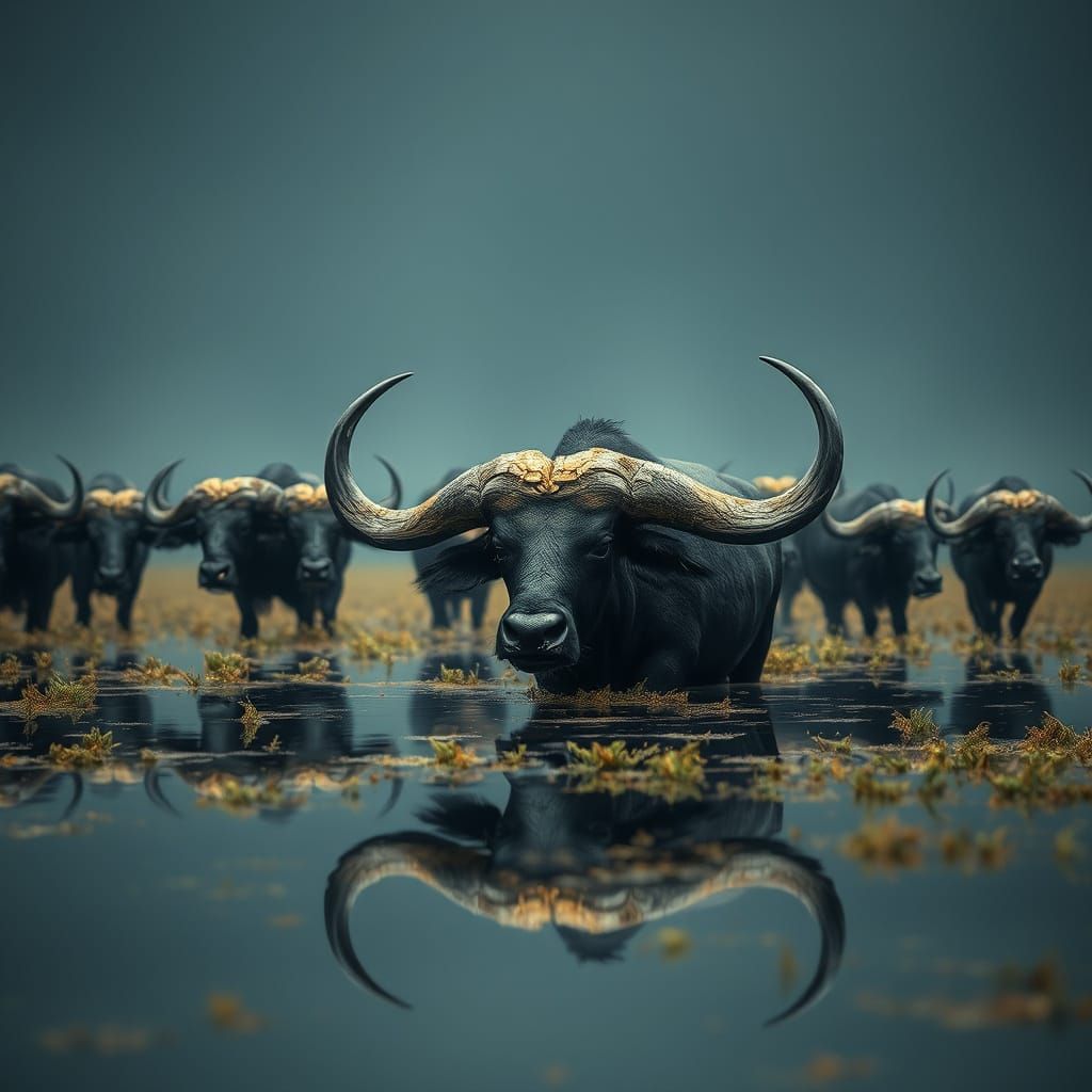 Colossal Water Buffalo in Primeval Marsh, Glass-Li... - AI Art