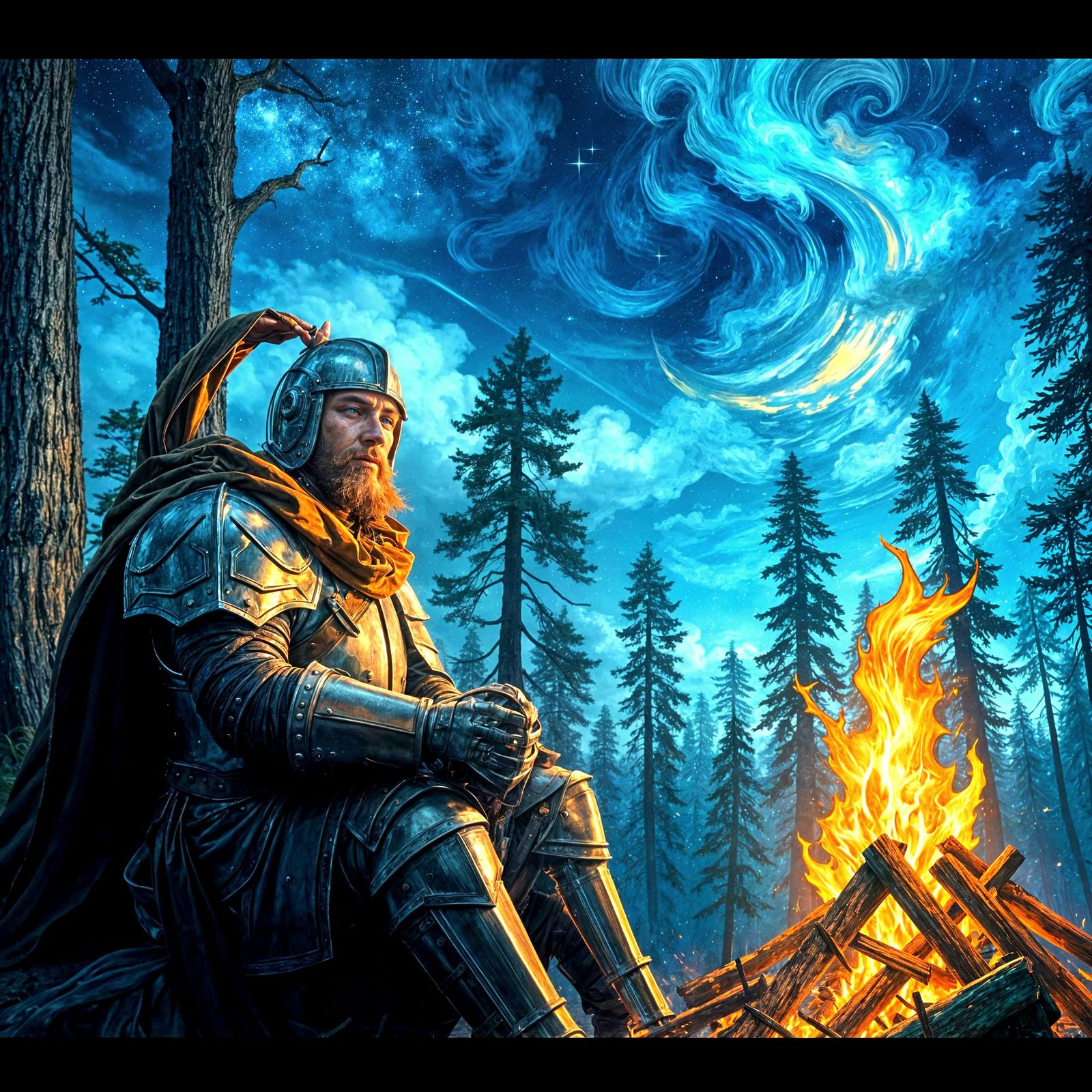 weary knight in armor sitting in a bonfire staring at the fire; night ...
