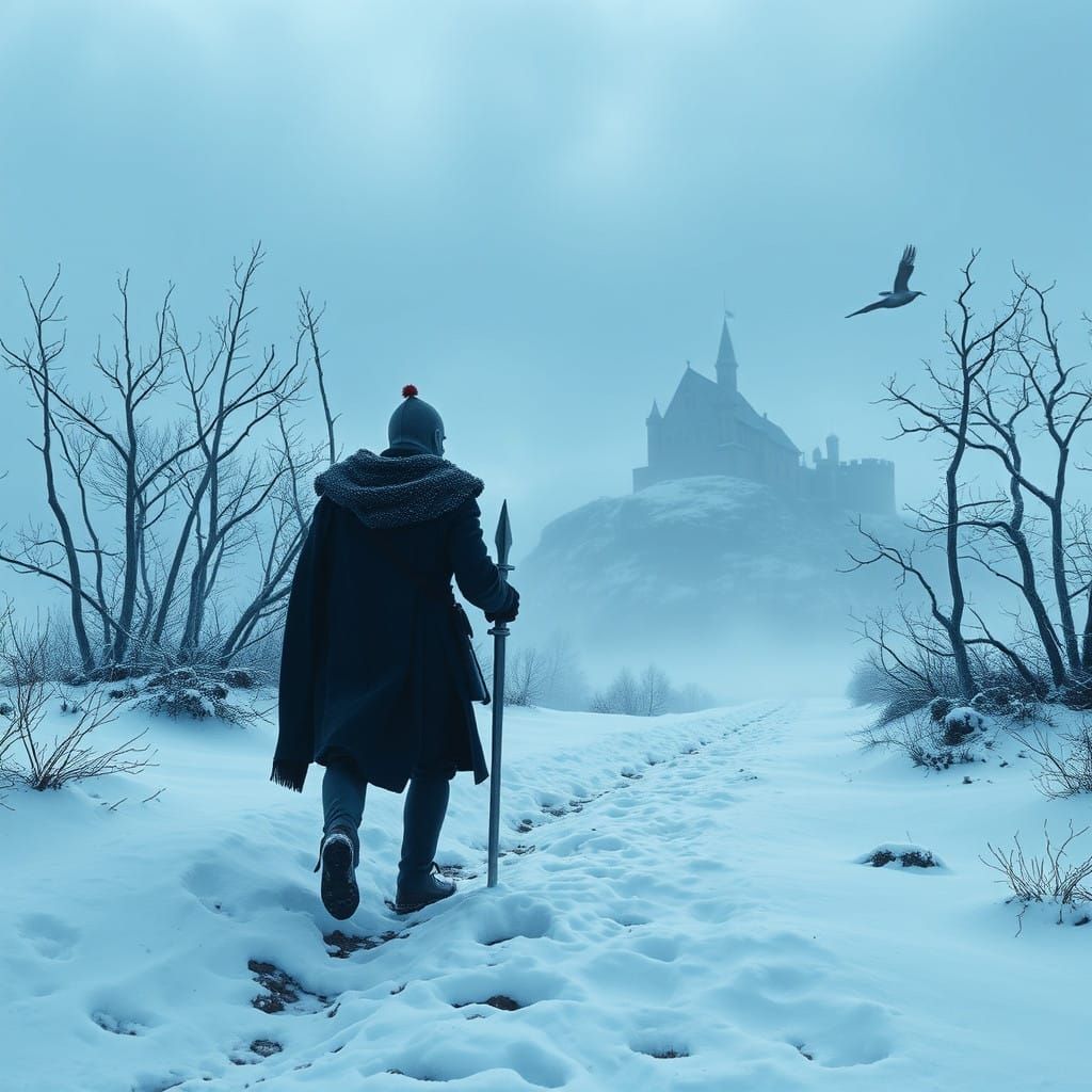 Ethereal Winter Knight Approaches Castle in a Berg... - AI Art