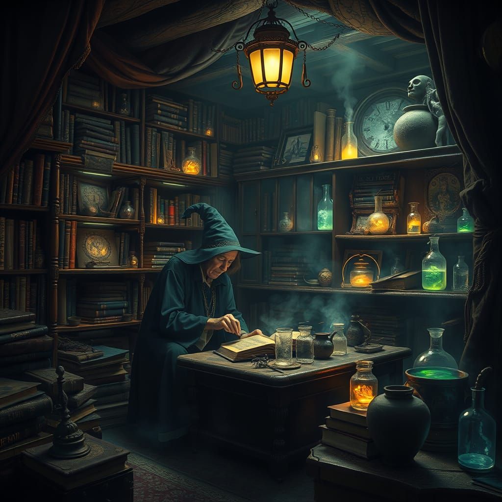 A cozy witch’s study. A wizard's room with glowing potions bubbling ...