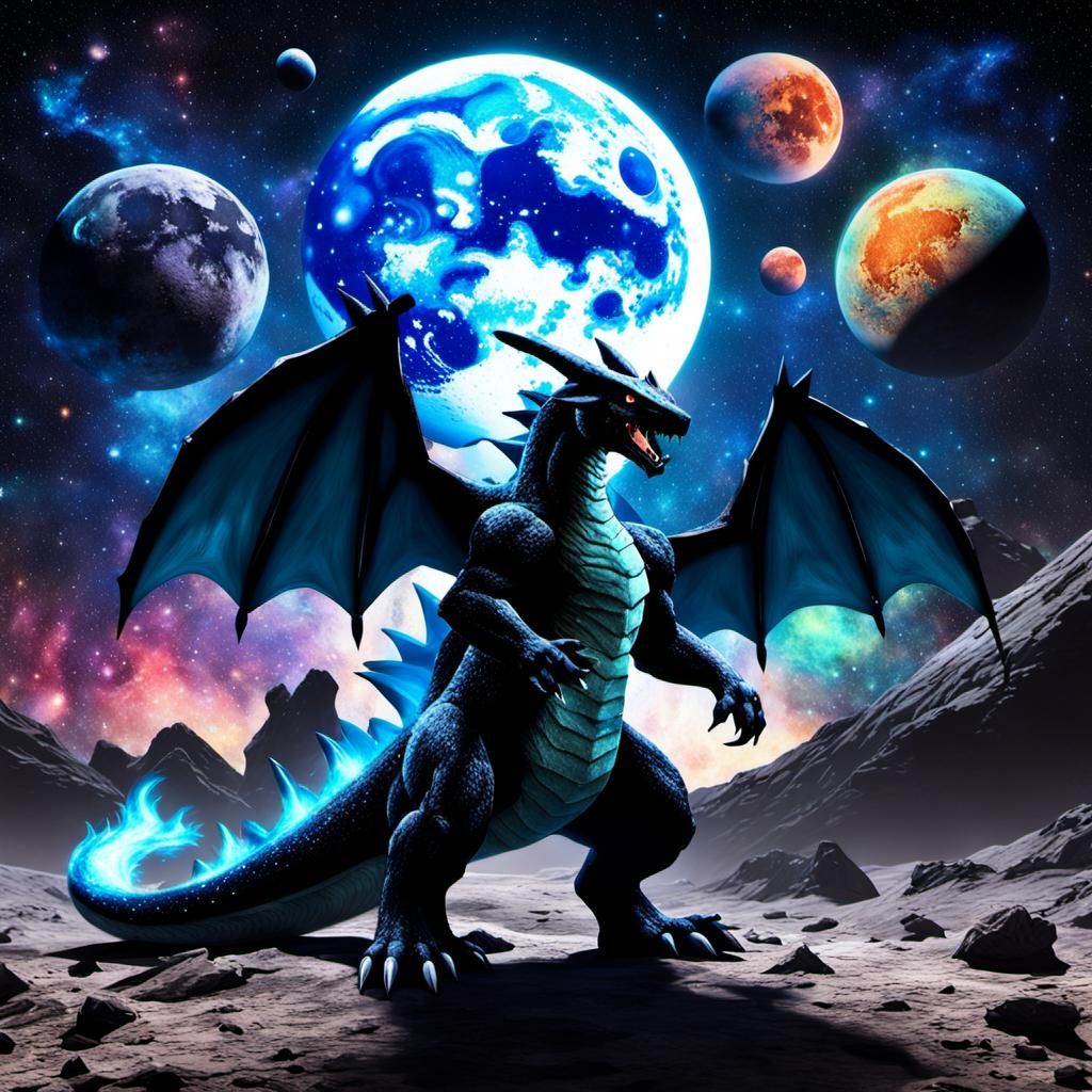 Photograph, hyperrealistic, sharp, Shiny Black Charizard Pokemon on the ...