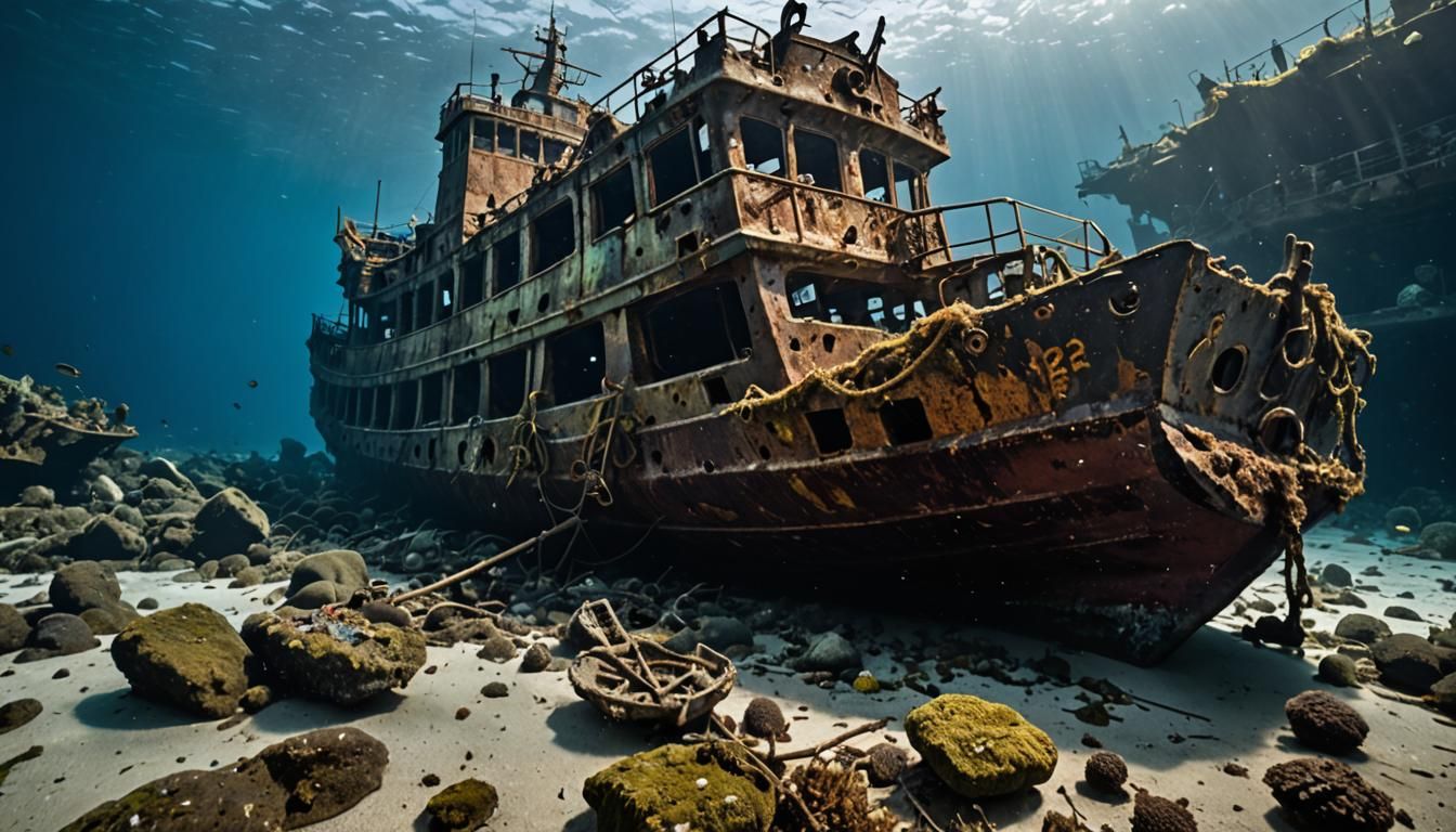 A fascinating image of a shipwreck on the seabed, where water seeped ...