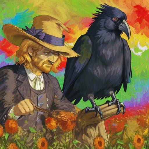 Psychedelic Scarecrow and Raven in a Vibrant, Impr... - AI Art