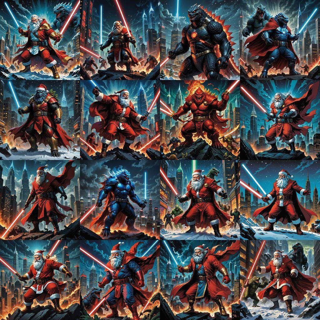 Santa Claus Battles Godzilla with Glowing Lightsab... - AI Art