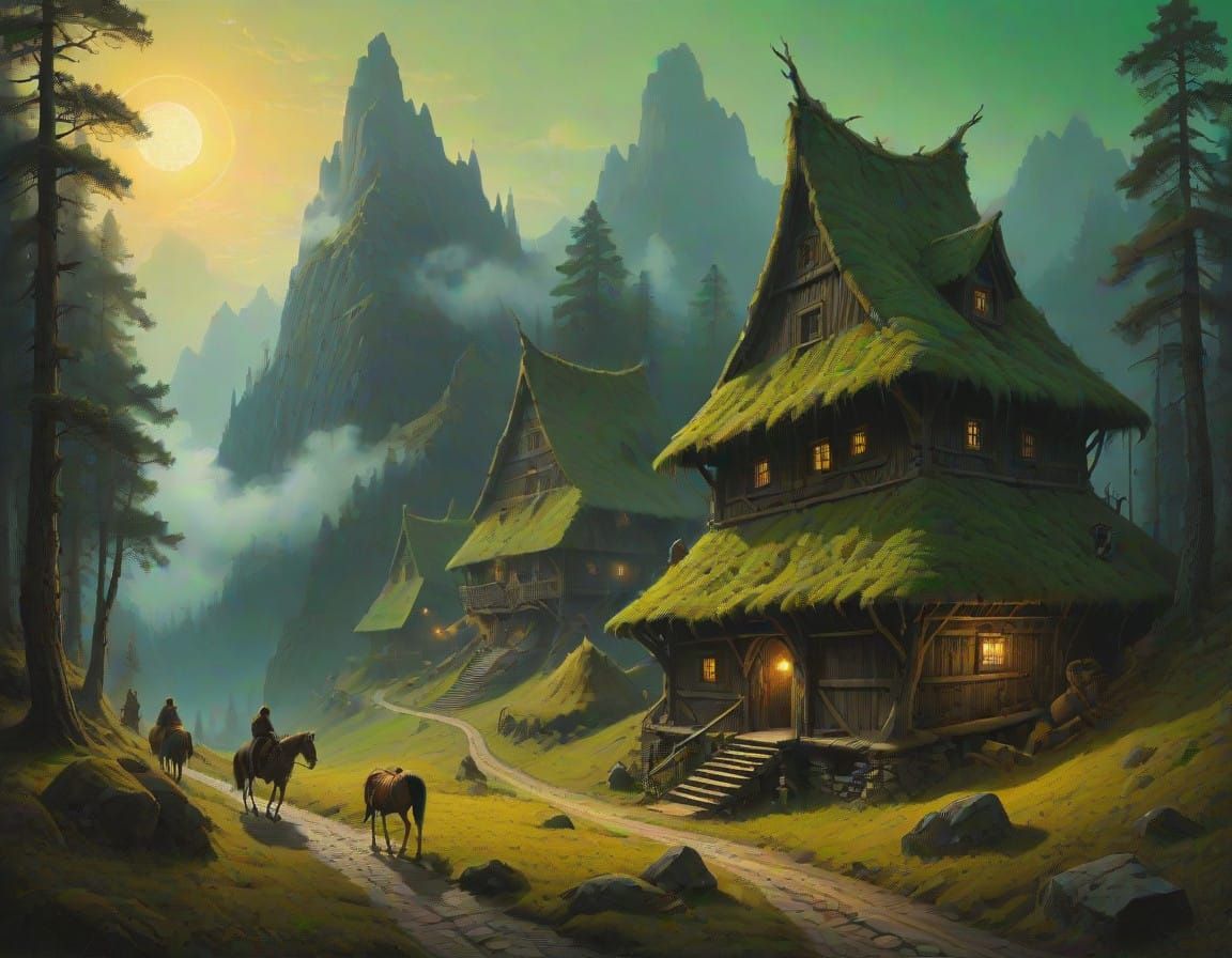 Medieval Germanic Village in Fanciful Oil Painting... - AI Art