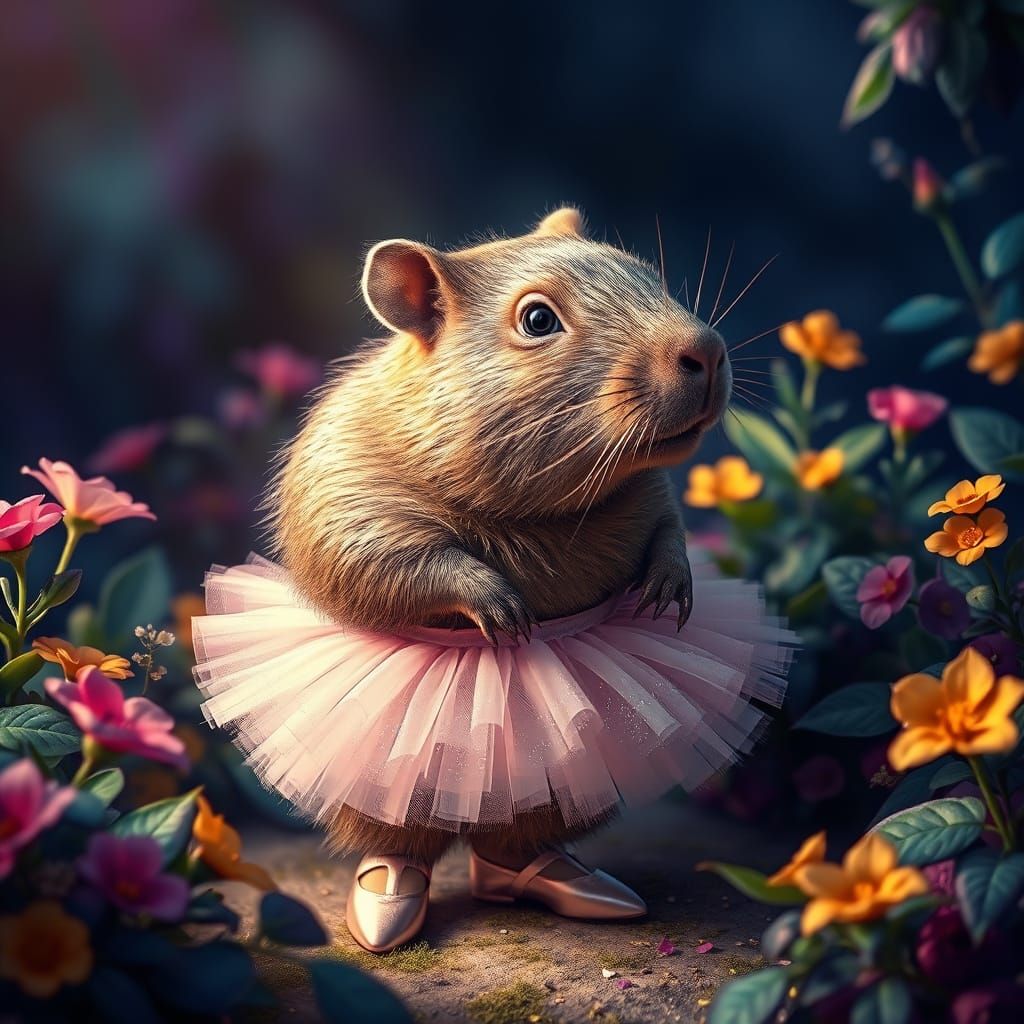 Capybara in Whimsical Ballerina Attire Amidst Vibr... - AI Art