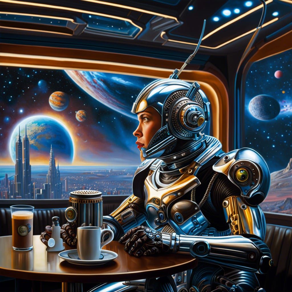 cyborg at a coffee shop in space, galaxy outside the windows, : r/nightcafe