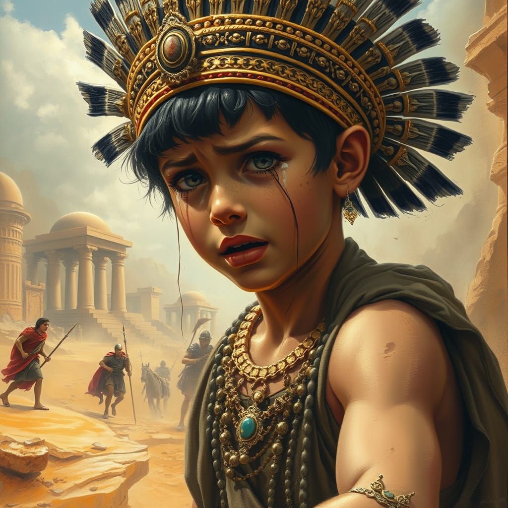 Ancient Egyptian Boy Fleeing Roman Attack in Deser... - AI Art