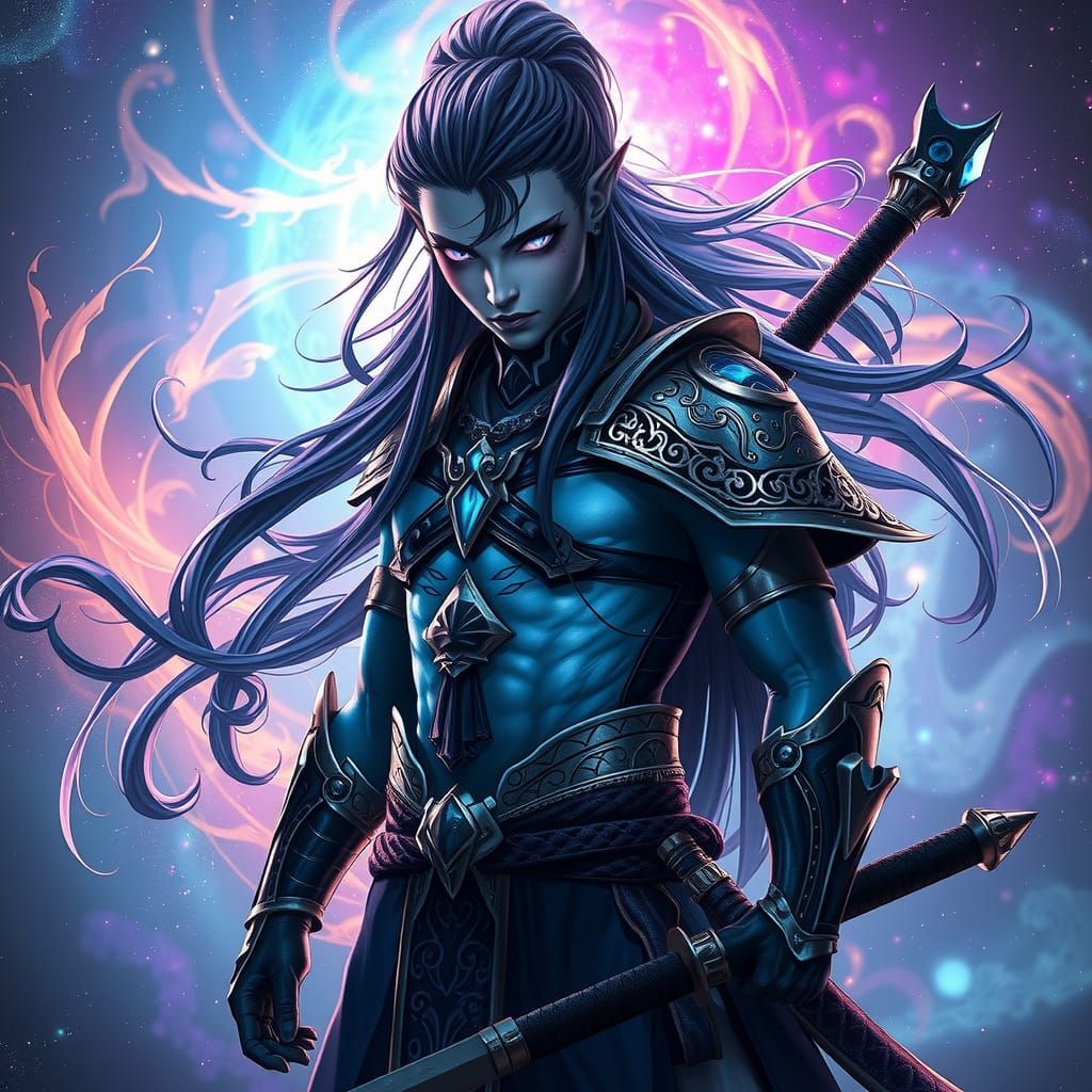 Surreal Drow Elf Samurai in Celestial Nebula - AI Art