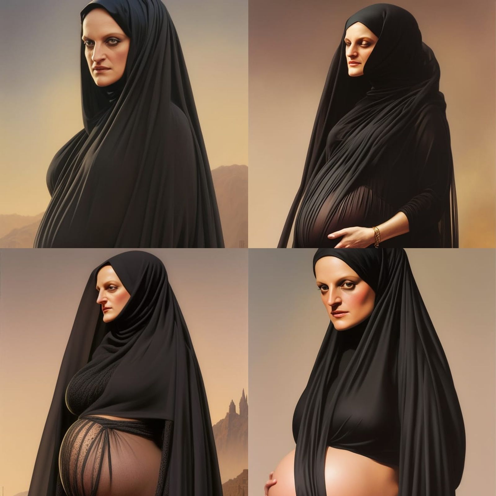 portrait of pregnant Elizabeth Moss wearing sheer nylon black burqa. veiled niqab. bare midriff ...
