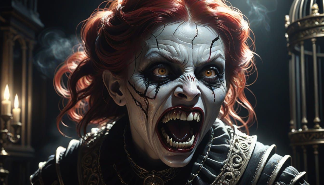 A scarlet haired, raggedly dressed, screaming Lamia