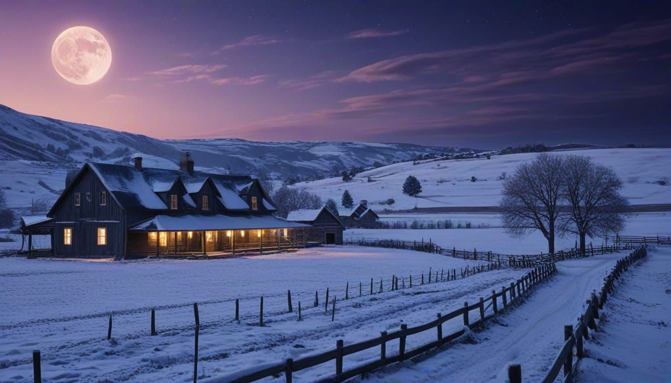Moon over Snowy Farm - Cinematic Moonlit Landscape Over Snow...