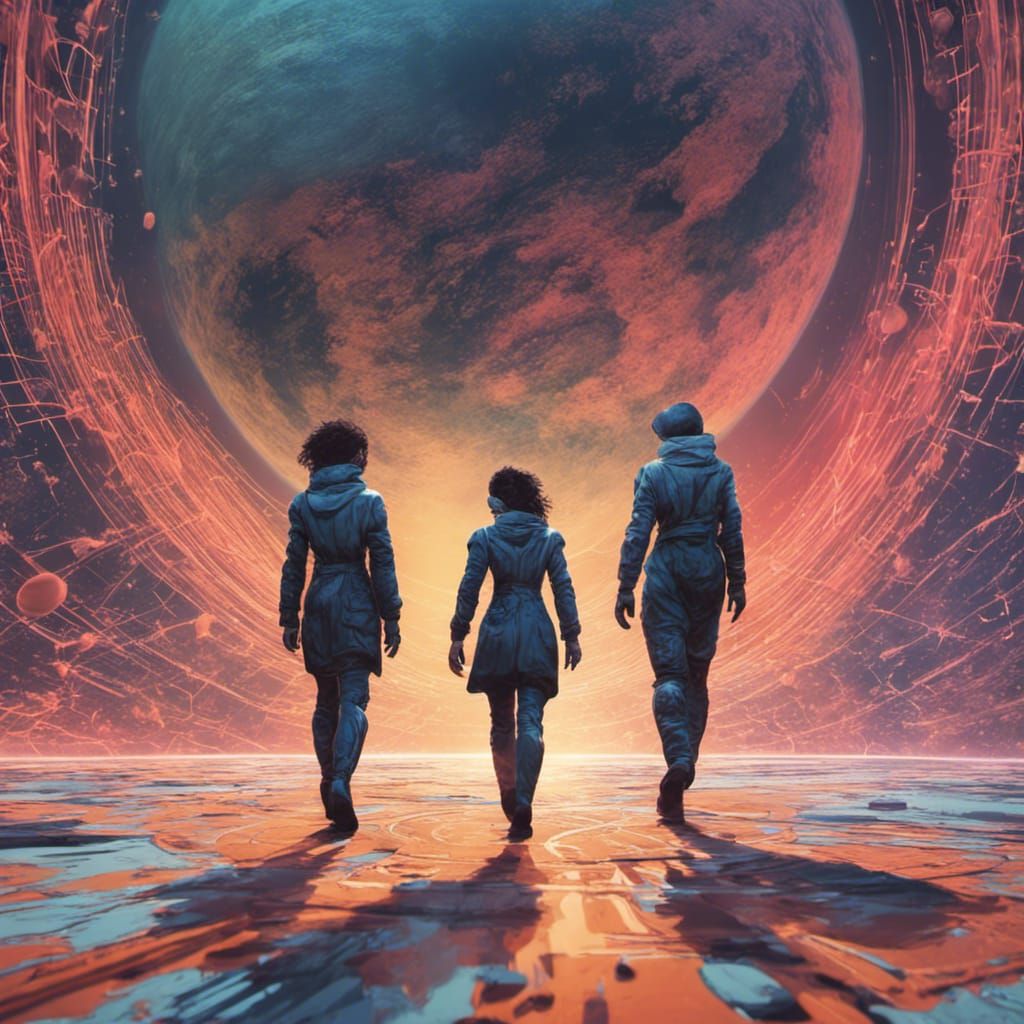 The shadows of three future humans walking in the time teleportation ...