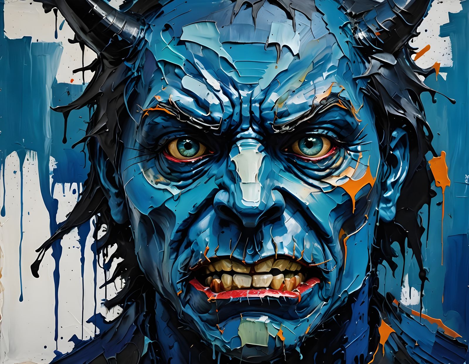 Blue monster head looking in camera