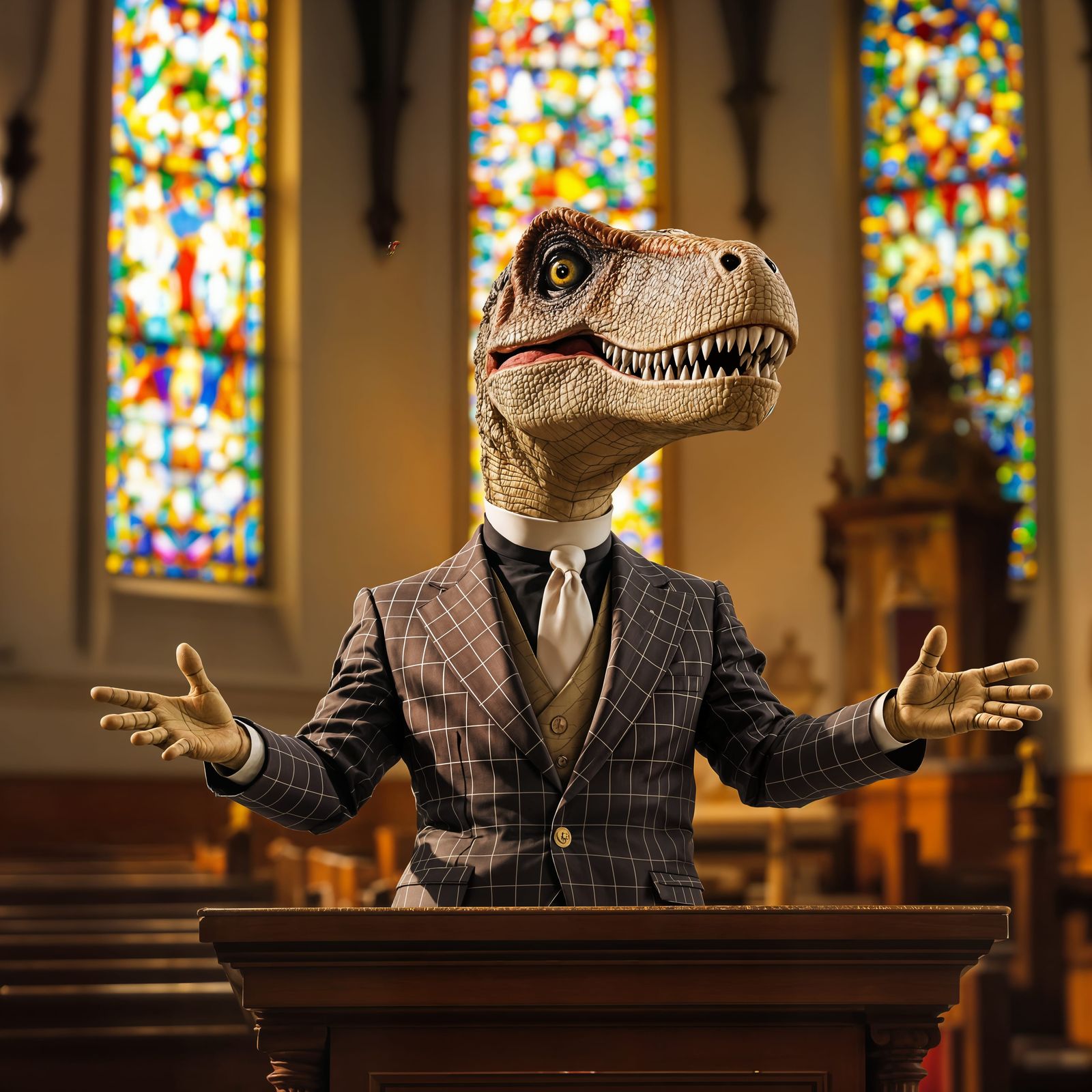 Velocipastor - Happy Velociraptor Pastor Preaches in Church
